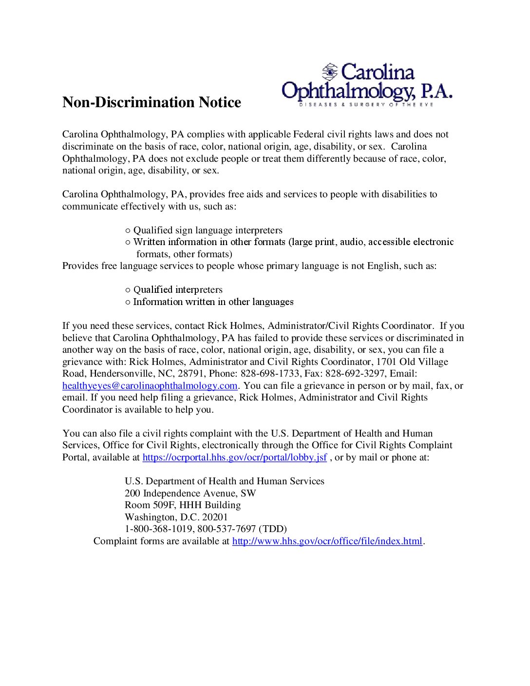1557 Website Nondiscrimination Notice - Carolina Ophthalmology, P.A.